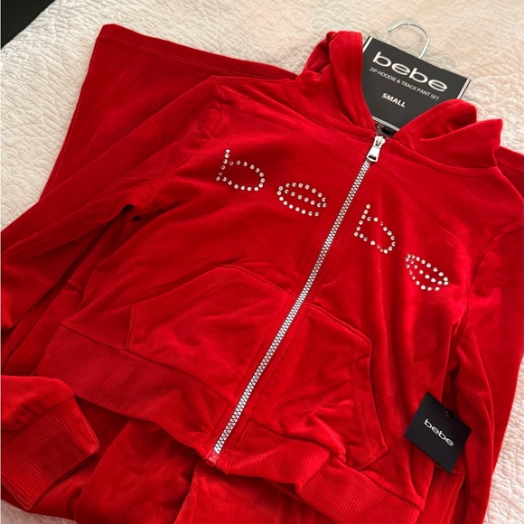 bebe | Pants & Jumpsuits | Bebe Red Velour Tracksuit Set | Poshmark